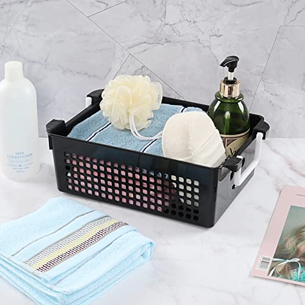 Jekiyo 4 Packs Plastic Basket with Handle, Black Stackable Baskets for Storage