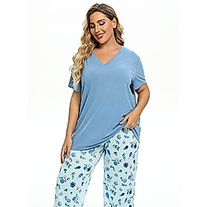 Vozanet Women's V Neck Sexy Pajama Sets Capri Sleepwear Floral Elegant Nighty 2PCS Plus Size S-3XL, Florals-Blue, XXX-Large