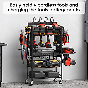 CCCEI Power Tool Organizer Cart with Charging Station, Garage Floor Rolling Storage Cart on Wheels for Mechanic, Mobile 6 Drill, Tool Box Utility Cart with Battery Charging Power Strip, Black