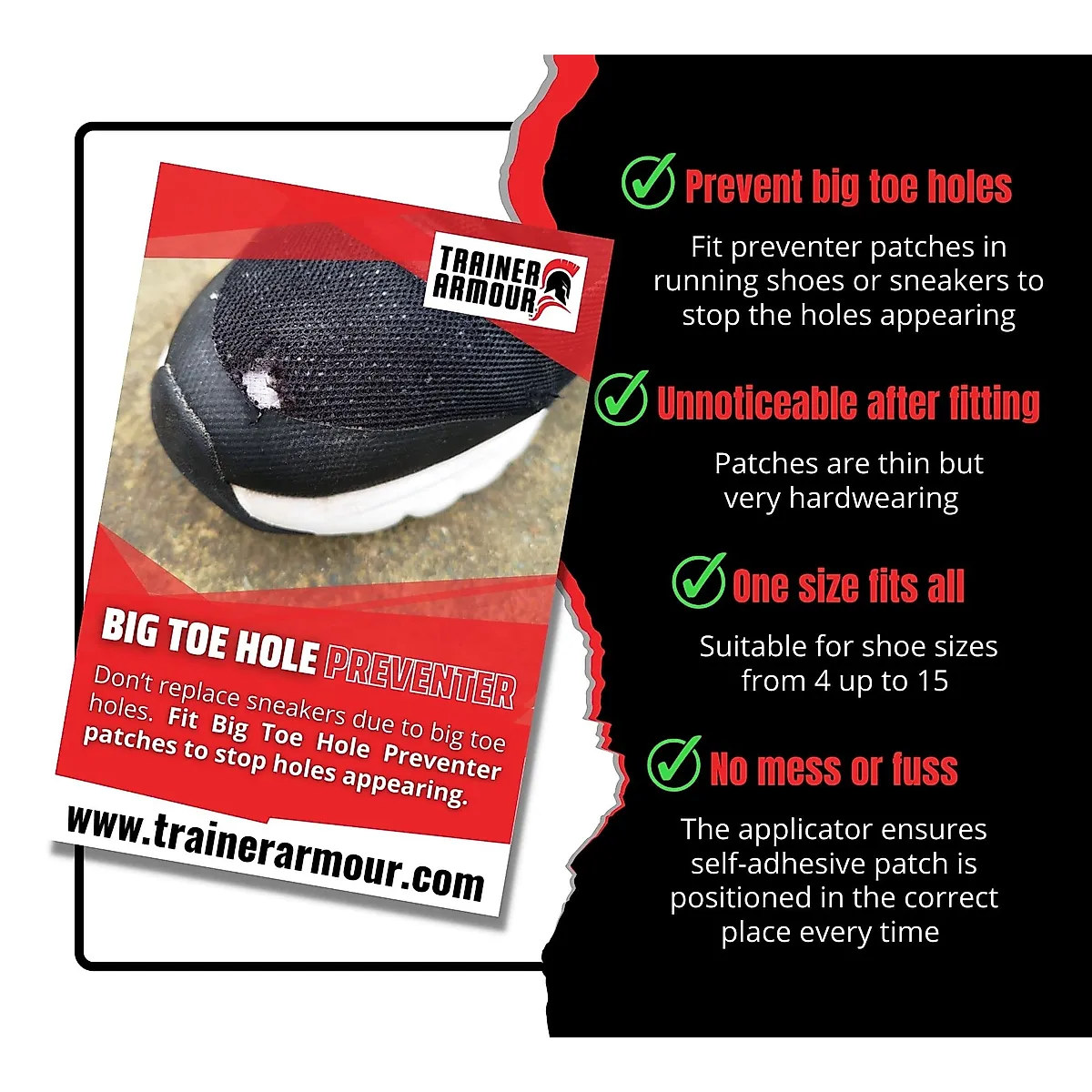 Trainer Armour - Big Toe Hole Preventer, self-Adhesive Patches with a Clever applicator. Shoe Toe Burst Toe Box Blowout Prevention Insert, Toe Hole Area Repair Patch. for Running Shoes and Sneakers.