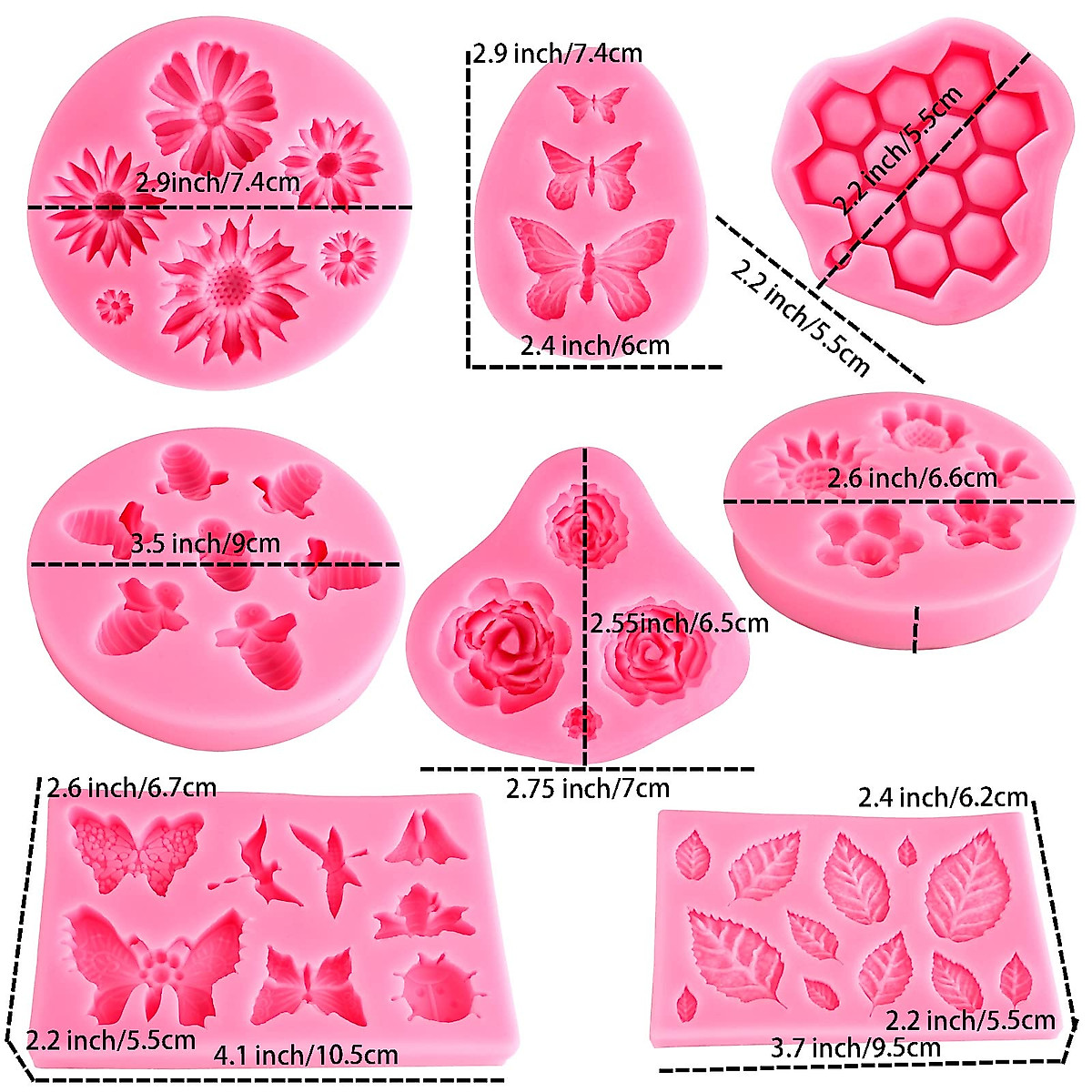 Silicone Mold Flower 8pcs Chocolate Fondant Polymer Clay Candy Gummy Mold,Rose Leaf Butterfly Bee Honey Shaped Silicone Molds for DIY Cake Cupcake Decor Craft