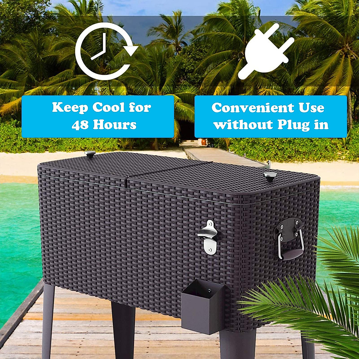 Giantex 80 Quart Rattan Rolling Cooler Cart Outdoor Patio Portable Party Drink Beverage Bar Cold Beach Chest Cart on Wheels, Brown Wicker, 32.7''(L) X18.9''(W) X43.3''(H)