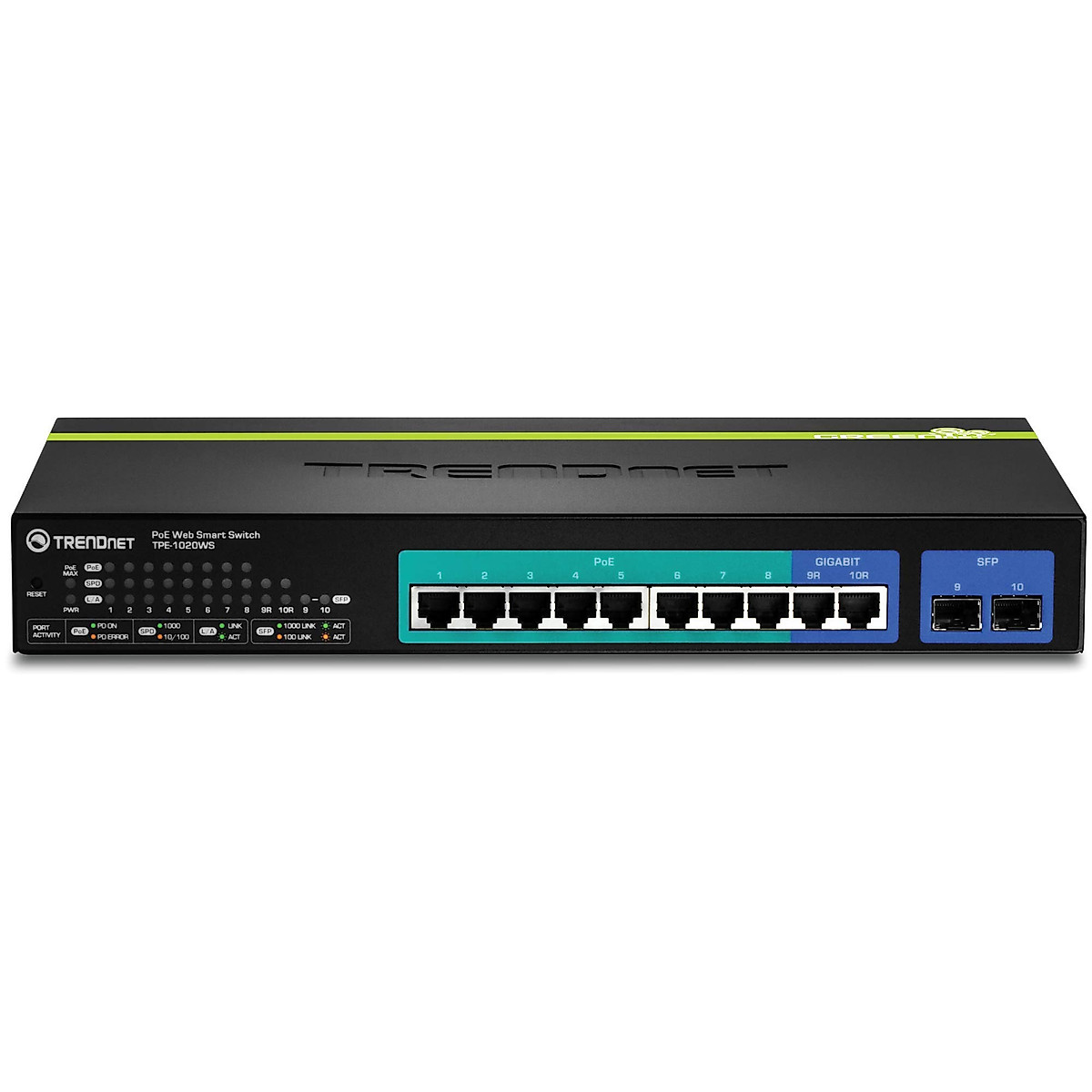 TRENDnet 8-Port Gigabit PoE+ and 2-Port Gigabit Ethernet Web Smart Switch with 2 Shared SFP Slots, Rack Mountable, TPE-1020WS (Renewed)