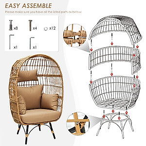 RADIATA Oversized Wicker Egg Chair w/ 5 Cushions 440lb Capacity Lounge Basket with Strong Heavy-Duty Steel Frame for Indoor Outdoor Patio Backyard Living Room (Beige)