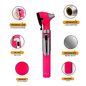 Pink Otoscope Ear Scope with Light, Ear Infection Detector, Pocket Size