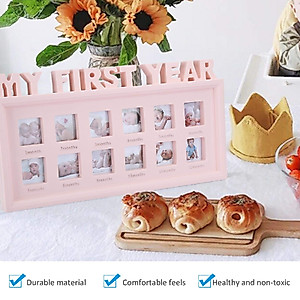 Agatige My First Year Baby Picture Frame, 12 Months Photo Frame Pink Memorable Photographs Albums Monthly Milestone for Newborn Baby Girls, Gift for Mom to Be