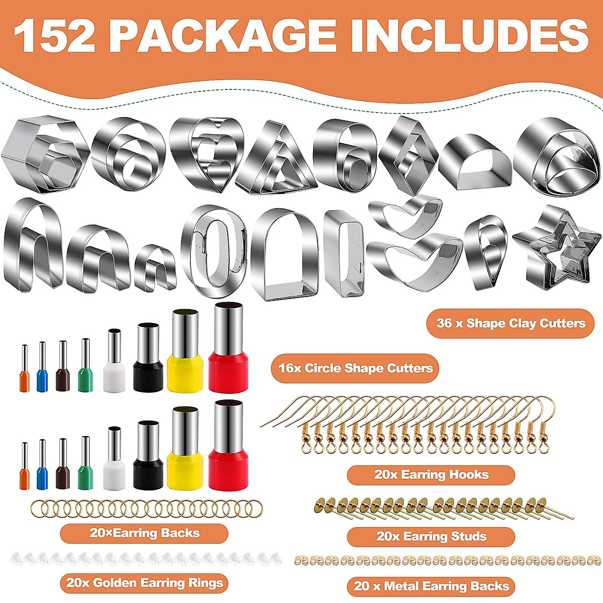 152 Pcs Polymer Clay Cutters Set,36 Shapes Stainless Steel Clay Earring Cutters Molds with 16 Circle Shape Cutters and 100 Earrings Accessories,DIY Clay Cutters for Polymer Clay Jewelry