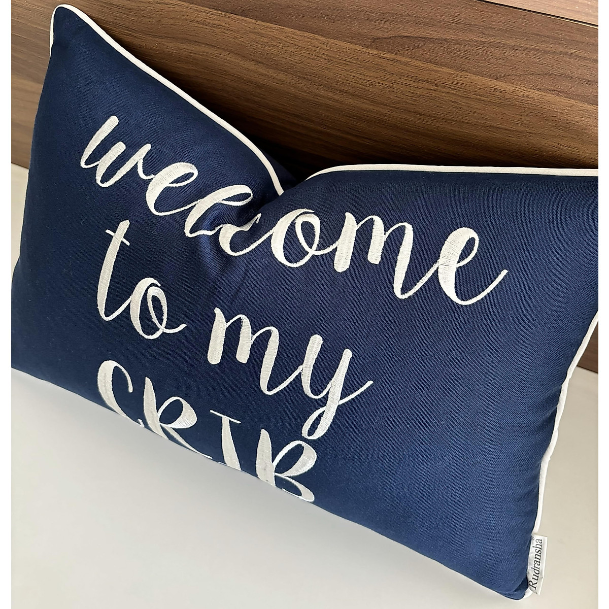 Rudransha Welcome to My Crib Embroidered Lumbar Accent Throw Pillow Cover - Nursery Decor - 12x18, Navy Blue