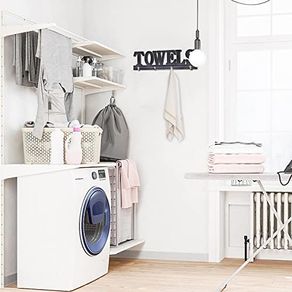 Black Wood Towel Hooks for Bathroom Decorative Cutout Word Sign Wall Decor, Wall Mounted Towel Rack Hanger Hanging Word Sign with 4 Hanging Hooks