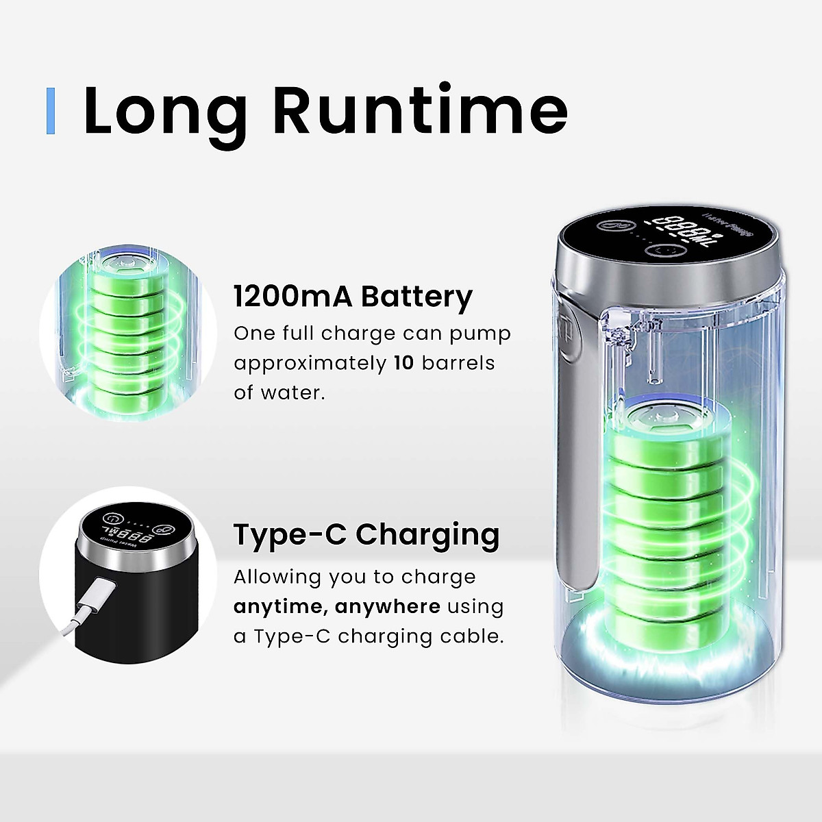 KIARYUOLL Water Dispenser for 5 Gallon Bottle, Rechargeable Water Pump - Foldable Water Spout for 5 Gallon Bottle, Long-Lasting,Smart LED Display, Portable Water Dispenser for Home & Outdoor (Black)