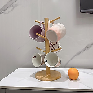 QruiLanTu Coffee Mug Tree,Coffee Mug Holder，Coffee Cup Holder with 6 Hooks,Wood Coffee Mug Holders for Counter,Coffee Bar Accessories and Decor，(Yellow)