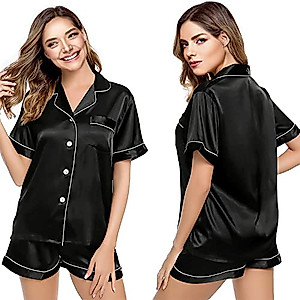 VeMee Women's Silk Satin Pajama Set Two-piece Pj Sets Button Down Long Sleeve Sleepwear Pj Set Black