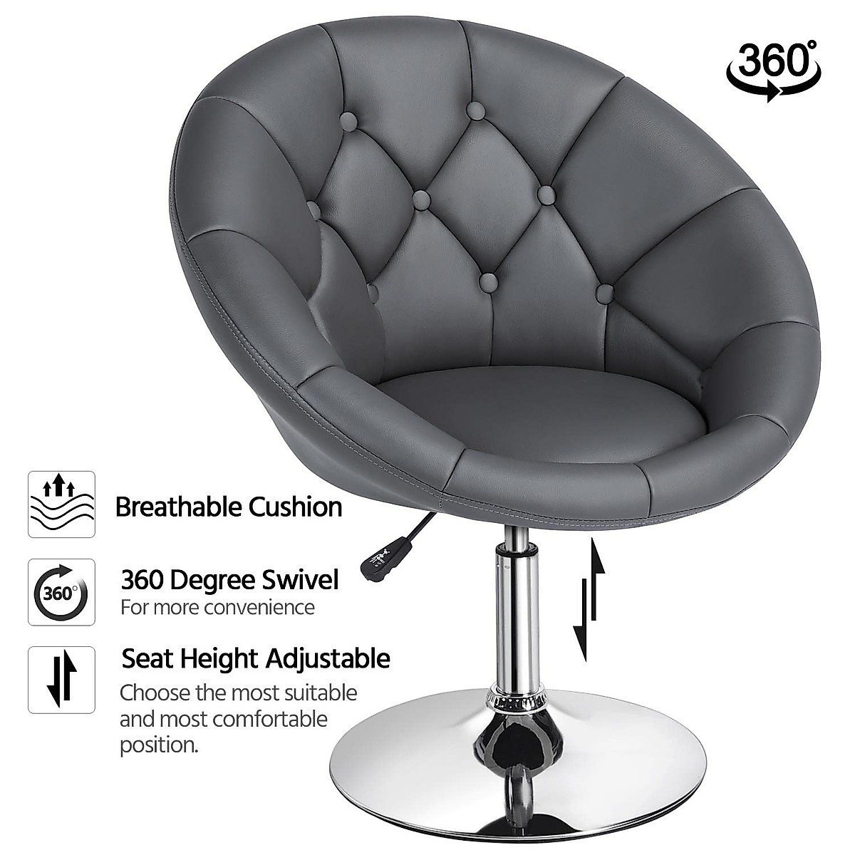 Yaheetech Swivel Accent Chair Height Adjustable Modern Round Back Tilt Chair with Chrome Frame for Lounge, Pub, Bar - Dark Grey