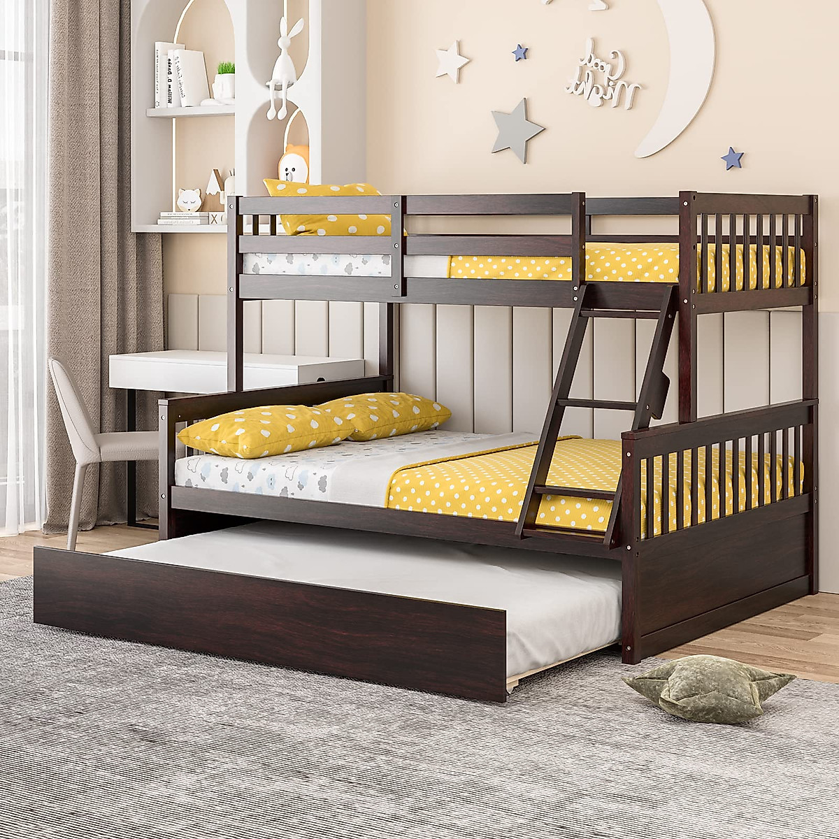 Giantex Twin Over Full Bunk Bed with Trundle, Solid Wood Bunk Bed with Ladder and Guardrails, Convertible to 2 Beds, Triple Bunk Beds for Kids Teens Adults, No Box Spring Needed, Espresso