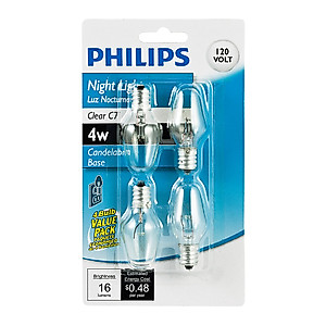 Philips LED 415422 Incandescent 16 Lumen 4 Watt 2700K Soft White C7 Night Light w/Candelabra Base (4 Pack)