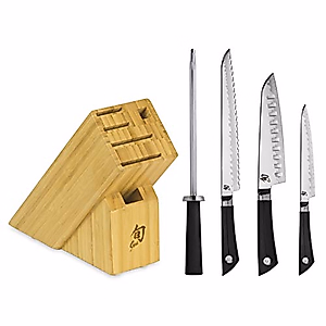 Shun Cutlery Sora 5-Piece Block Set, Kitchen Knife and Knife Block Set, Includes 6” Utility Knife, 9” Bread Knife, 7” Santoku Knife & Knife Block, Handcrafted Japanese Kitchen Knives