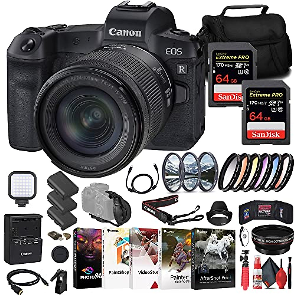 Canon EOS R Mirrorless Camera with 24-105mm f/4-7.1 Lens (3075C032) + 2 x 64GB Memory Card + Filter Kit + Wide Angle Lens + Color Filter Kit + Lens Hood + Bag + 2 x LPE6 Battery + More (Renewed)