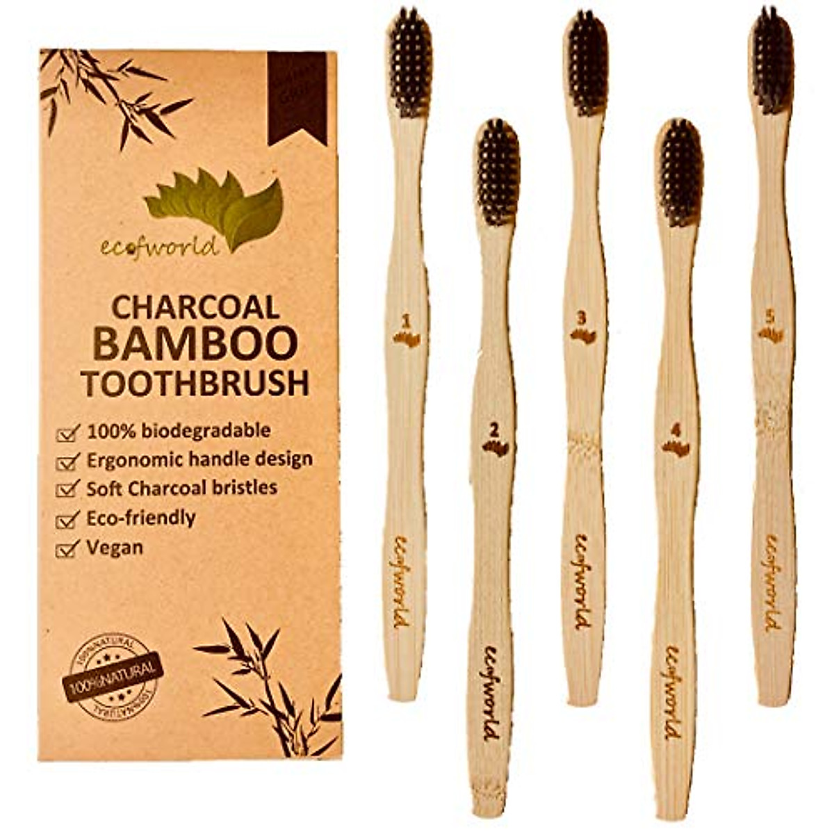ECOFWORLD Soft Charcoal Bamboo Toothbrush - Natural Wooden Organic | USDA Certified Eco-Friendly | Extra Soft BPA Free Bristles Biodegradable | Individually Packed (Adults - 5 Pack)