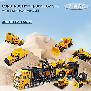 OTONOPI Construction Truck Toy Die-cast Play Vehicle Set with 6pcs Mini Crane Mixer Dump Excavator Car