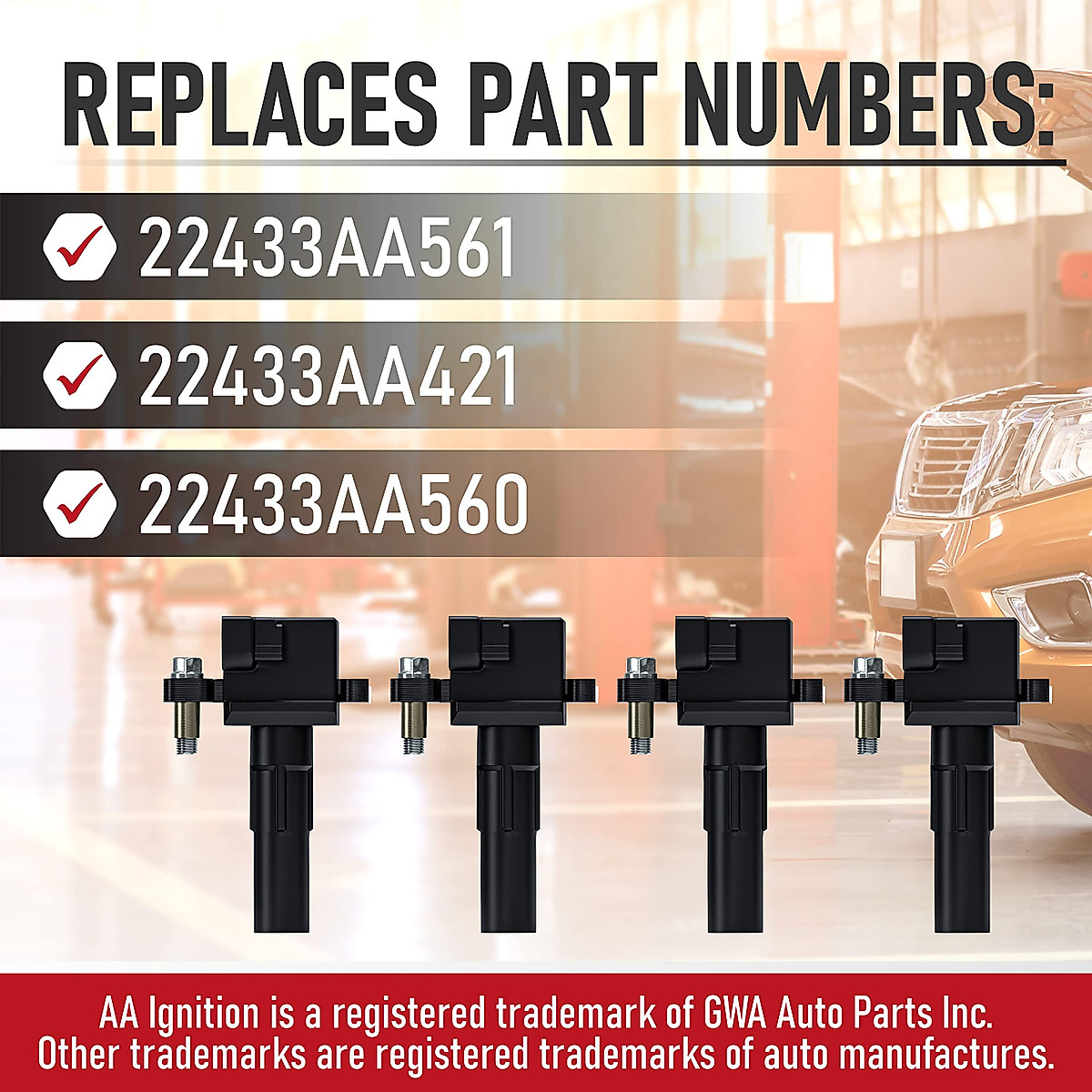 Ignition Coil Pack Set of 4, Compatible with Subaru Impreza WRX, WRX Wagon - Replaces 22433AA561, 22433AA421, 22433AA560-2002, 2003, 2004, 2005 models