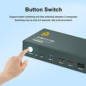 USB 3.0 KVM Switch Displayport 2 Port 4K@60Hz, DP KVM with USB 3.0 & USB 2.0 Port, KVM Switch for 2 PCs Share 1 Monitor and Keyboard Mouse, Button Switch, with 2 DP Cables and 2 USB 3.0 Cables