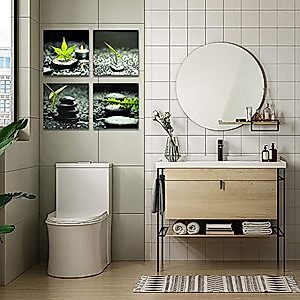 Artscope 4 Pieces Canvas Prints Wall Art - Green Leaf Raindrops and Stones Picture Painting- Modern Wall Artwork Framed for Bathroom Home Office Decor - 12 x 12 Inch