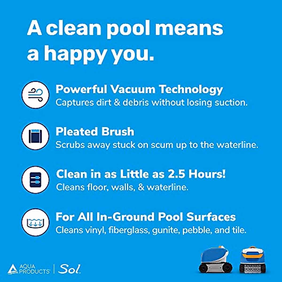 Aqua Products Sol Robotic Pool Cleaner, Automatic Vacuum for Inground Pools up to 36ft, 50ft Cable Length, Wall Climbing Vac w/Strong Suction & Easy to Clean Debris Basket