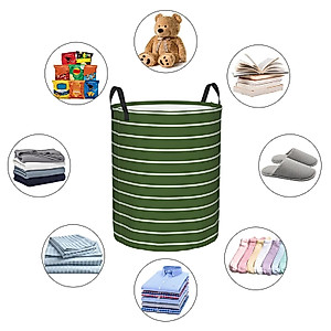 Large Laundry Basket, Olive Green and White Stripes Geometric Pattern Laundry Hamper Bag 19.6" Collapsible Washing Bin With Handles for College Dorm, Family Essentials Storage