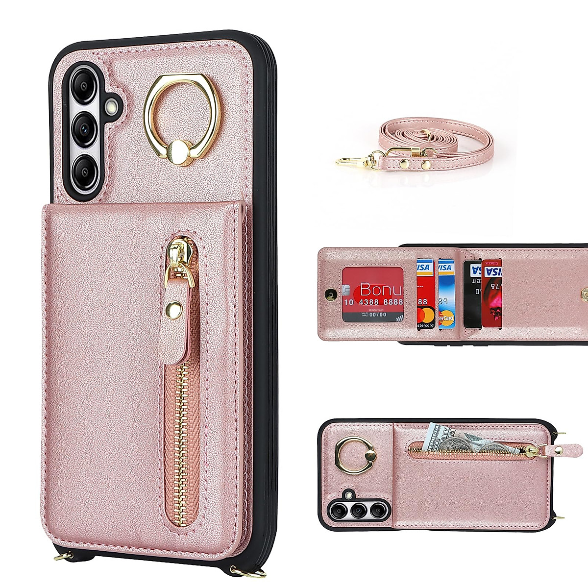 DEYHU Samsung Galaxy A14 5G Case with Card Holder for Women, Galaxy A14 5G Phone Case Wallet with Strap Credit Card Slots Crossbody with Zipper Shockproof Case for GalaxyA14 5G - Rose Gold