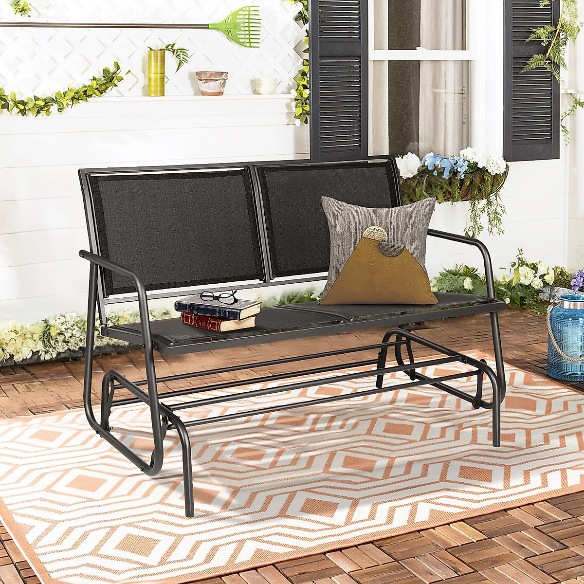 SUNCROWN Outdoor 2-Person Glider Bench, Patio Swing Rocking Chair, Loveseat, Rocker with Powder Coated Steel Frame, Textilene Fabric for Backyard, Garden, Porch, Deck(Black)