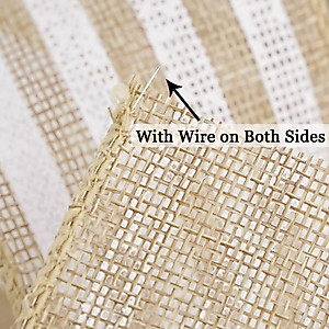 MEEDEE Burlap Wired Ribbon with White Stripe Burlap Ribbon 2.5 Inch Wired Ribbon for Cakes Gift Basket Bow Wreath Ribbon for Rustic Front Door Wreath Baby Shower Beach Farmhouse Decor, 10 Yards