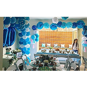 Furuix Boy Baby Shower Decorations 13pcs White Navy Blue Baby Blue Tissue Paper Pom Pom Paper Lanterns Blue Star Garland Honeycomb Ball for Birthday Decor, Bridal Shower Decor/Outer Space Party Decor