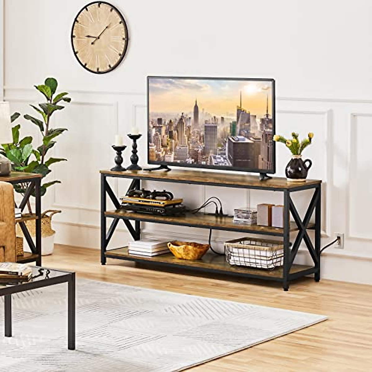 Yaheetech TV Stand for TV up to 65 inch, Media Entertainment Center with Power Outlets & 3 Tier Storage Shelves, 55 Inches TV Console Table for Living Room, Bedroom, Rustic Brown