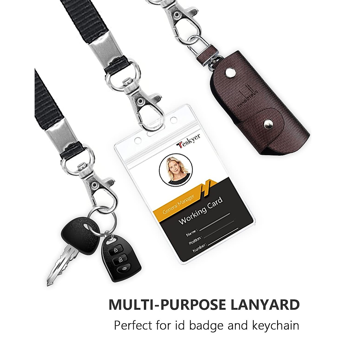 Teskyer Clear ID Badge Holder with Lanyard, Waterproof Extra Thick Plastic ID Card Holder with Resealable Zip, 2.5" x 3.5" Inner Size, Vertical Style, Set of 3, Black