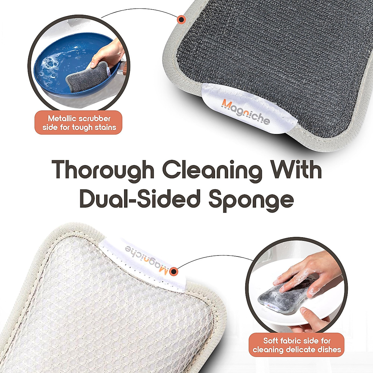 Magniche 4-Pack Premium Kitchen Sponges -REFILLS ONLY- 2-in-1 Dual-Sided Soft Cleaning Dish Sponge & Metal Scrubber, 1-Year Supply, Longer Lasting, Dishwasher Safe Sponges, Eco-Friendly (*No Magnets*)