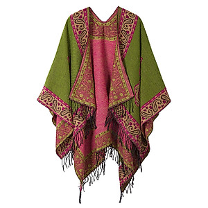 Women's Fashionable Retro Style Vintage Pattern Tassel Poncho Shawl Cape (series 2-Green)