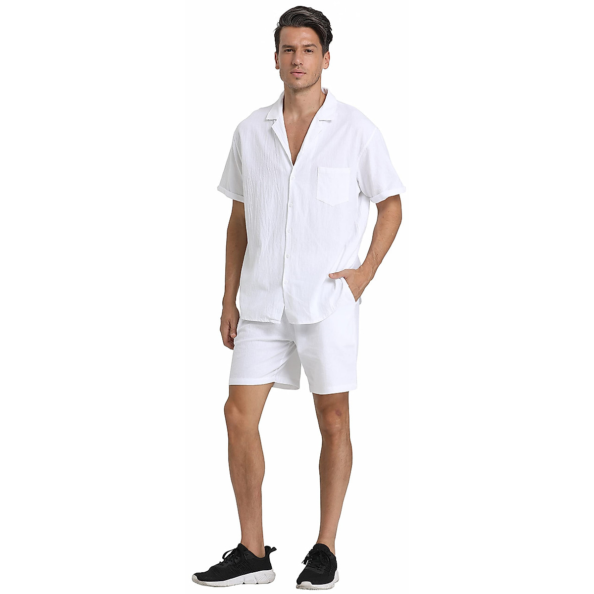 RPOVIG Linen Shirt Short Outfits:Men's Beach 2 Pieces Casual Button-Down Sets