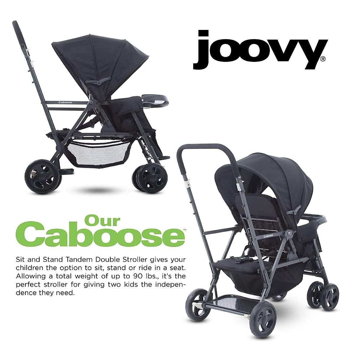 Joovy Caboose Sit and Stand Double Stroller with Rear Bench and Standing Platform, 3-Way Reclining Seats, Optional Rear Seat, and Universal Car Seat Adapter (Amber)