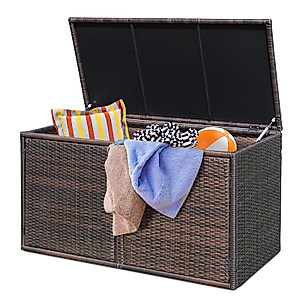 Tangkula Outdoor Wicker Storage Box, Garden Deck Bin with Steel Frame, Rattan Pool Storage Box with Lid, Ideal for Storing Tools, Accessories and Toys, 88 Gallon Capacity (Brown)