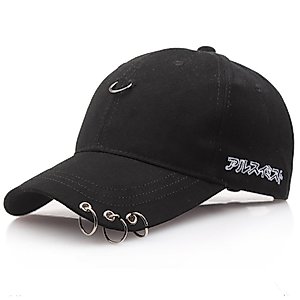 Kpop Hat Baseball Cap Rings Outdoor Iron Ring Caps Cotton Snapback Hats Casual Adjustable Dad Hat Hip Hop Hats (Black)