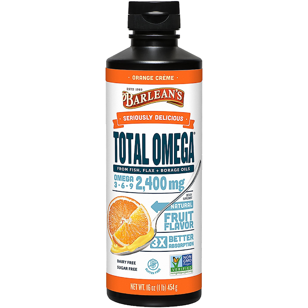 Barlean's Total Omega 3 Fish Oil Liquid Supplement, Orange Crème Flavored with Borage Oil and Flaxseed Oil, 2,400 mg of Omegas 3 6 9 EPA and DHA Plus GLA, 16 oz