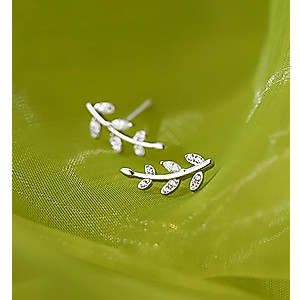 Reffeer Solid 925 Sterling Silver Leaf Crawler Stud Earrings for Women Teen Girls Crystal Leaf Stud Earrings (A-Silver)