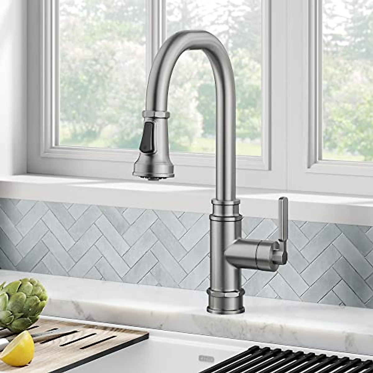 KRAUS Allyn Transitional Industrial Pull-Down Single Handle Kitchen Faucet in Spot-Free Stainless Steel, KPF-4101SFS