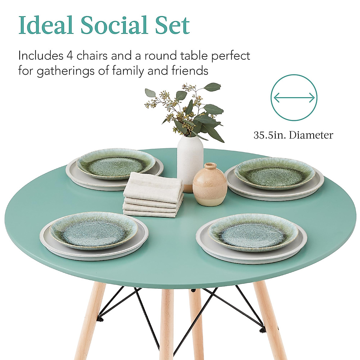 Best Choice Products 5-Piece Dining Set, Compact Mid-Century Modern Table & Chair Set for Home, Apartment w/ 4 Chairs, Plastic Seats, Wooden Legs, Metal Frame - Light Green/Oak