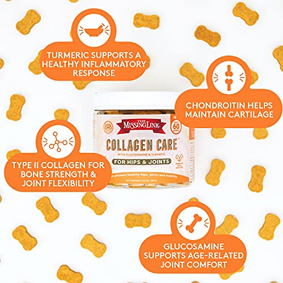 The Missing Link Collagen Care Soft Chew Nutritional Treats for Dogs - Collagen, Glucosamine, Chondroitin & Turmeric - Mobility & Anti-Inflammatory Support - Hip & Joint 60 Count