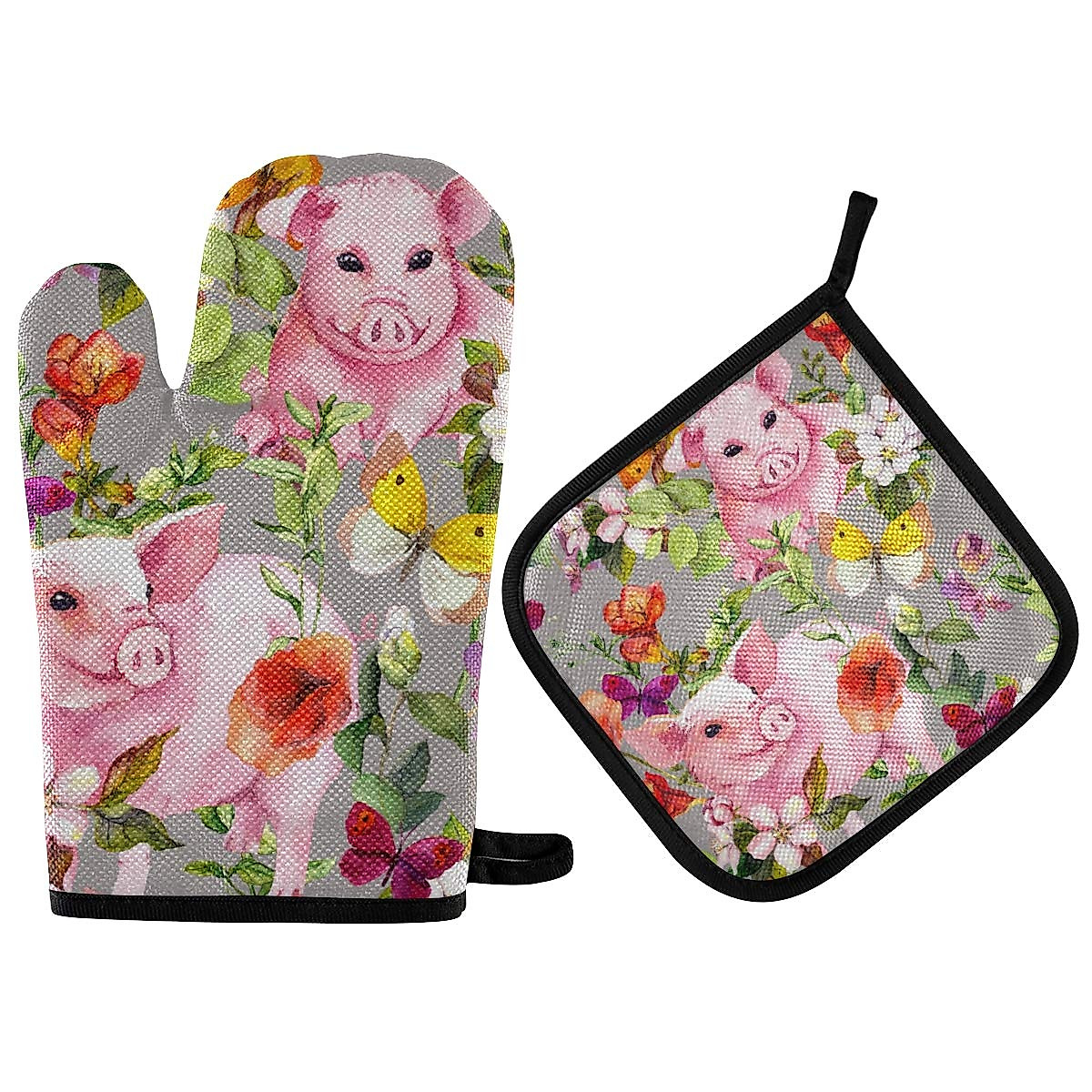 Pot Holders Oven Mitts Sets - Pigs Summer Flowers Butterflies Hot Gloves Hot Pads Non-Slip Potholders for Kitchen Cooking Grilling