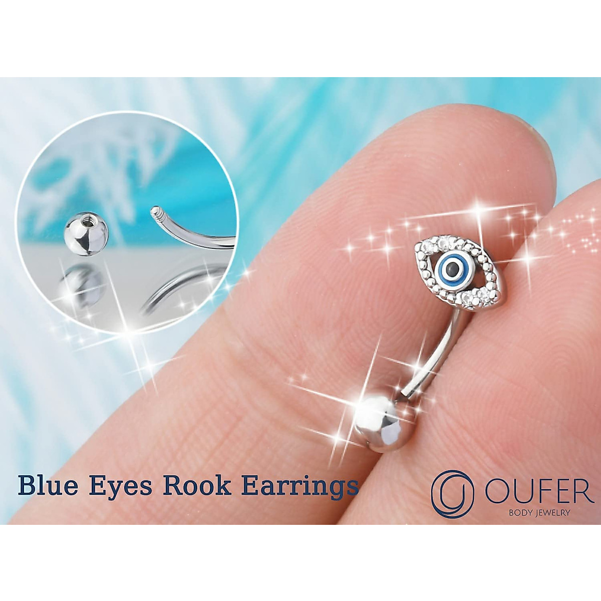 OUFER 16G Rook Earrings, 316L Surgical Steel Eyes Rook Piercing Jewelry, Clear CZ Paved Eyebrow Rings, Curved Barbells, Vertical Labret Lip Piercing Jewelry
