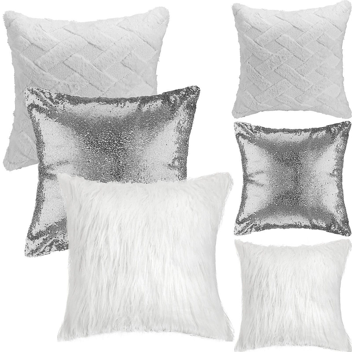 Frienda 6 Pcs Sequin Throw Pillow Covers and Fluffy Pillow Cases Plush Short Wool Velvet Decorative Throw Pillow Covers Faux Fur Throw Pillow Covers for Couch Bed 18 x 18 Inch (Grey, Silver, White)