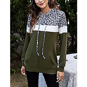 Bluetime Women Pullover Sweatshirt with Pocket Color Block Long Sleeve Fall Tops Shirts Leopard Hoodies (XL, Leopard Olive Green)