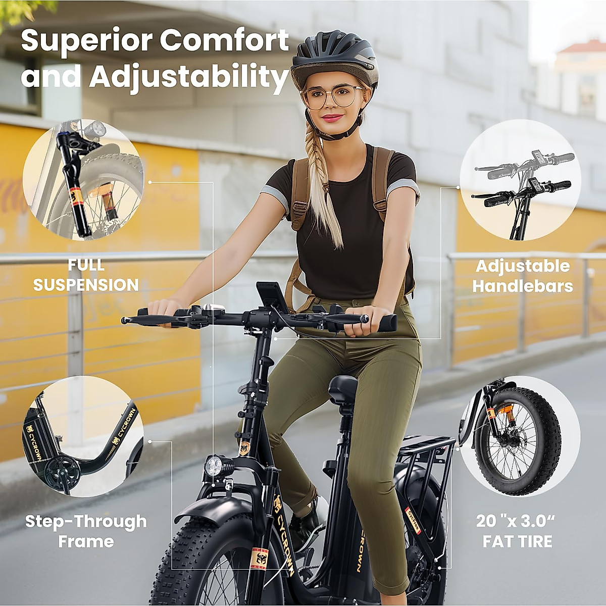 CYCROWN CycFree Electric Bike for Adults,1000W Peak Motor Ebike with 48V 15.6Ah Removable Battery up to 75+Miles & 20MPH Commuter Electric Bicycle, 20" Fat Tire All-Terrain Step-Thru 7-Speed E Bike